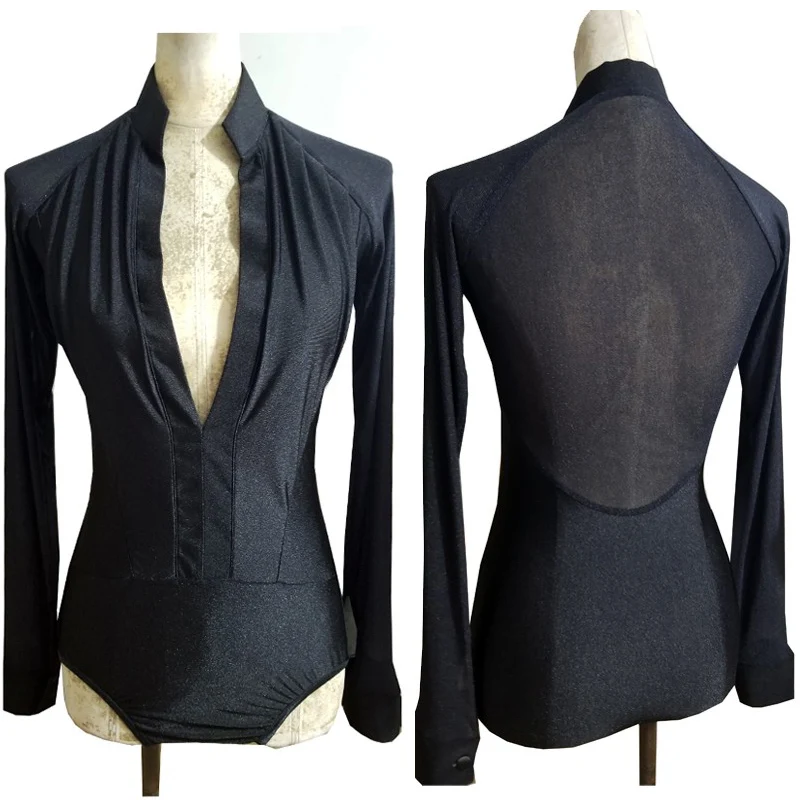 Latin-Dance-Shirt-M-nner-Sexy-V-ausschnitt-Schwarz-Mesh-Langarm-Body ...