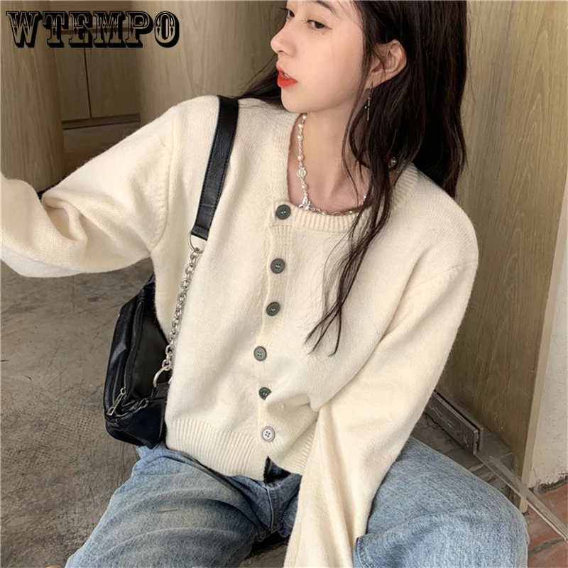 Korean Sweaters Cardigan for Women Beige Loose O Neck Long Sleeve ...