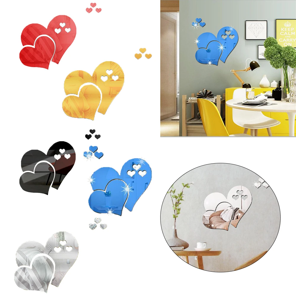 3D Heart Shape Wall Sticker Acrylic Mirror Stickers DIY Hallow Heart ...