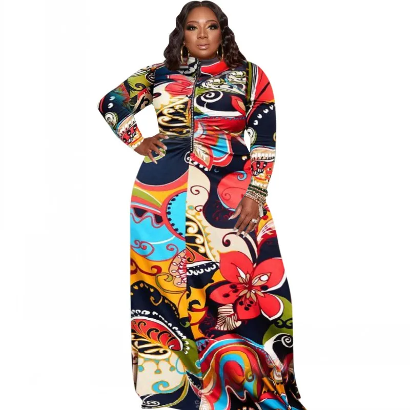 5xl Plus Size Maxi Dress Women Zipper Draped Stand Collar Robe Autumn 5xl-plus-size-maxi-dress-women-zipper-draped-stand-collar-robe-autumn