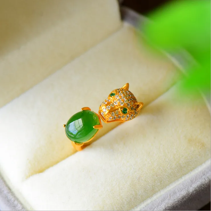Green Jade Leopard Ring Natural Fashion Chalcedony Amulet Crystal Charm ...