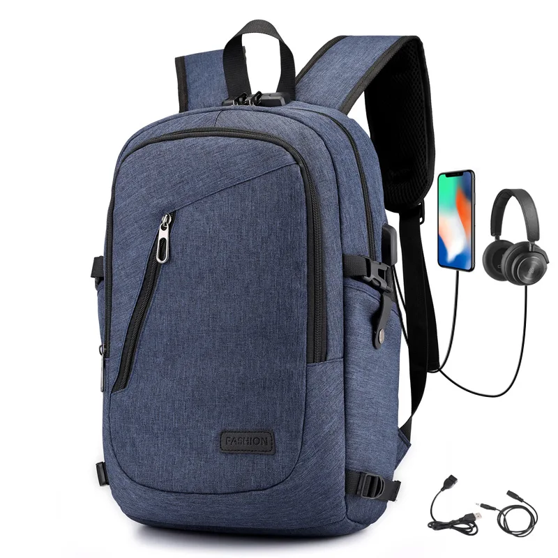 Men backpacks solid color laptop USB recharging space travel bag for ...