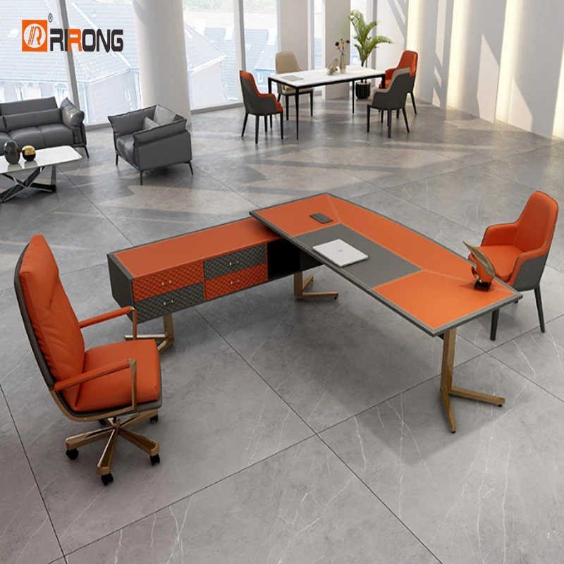 Italian-Style-Executive-Desk-L-Shape-Orange-Blue-Gray-Leather-Modern ...