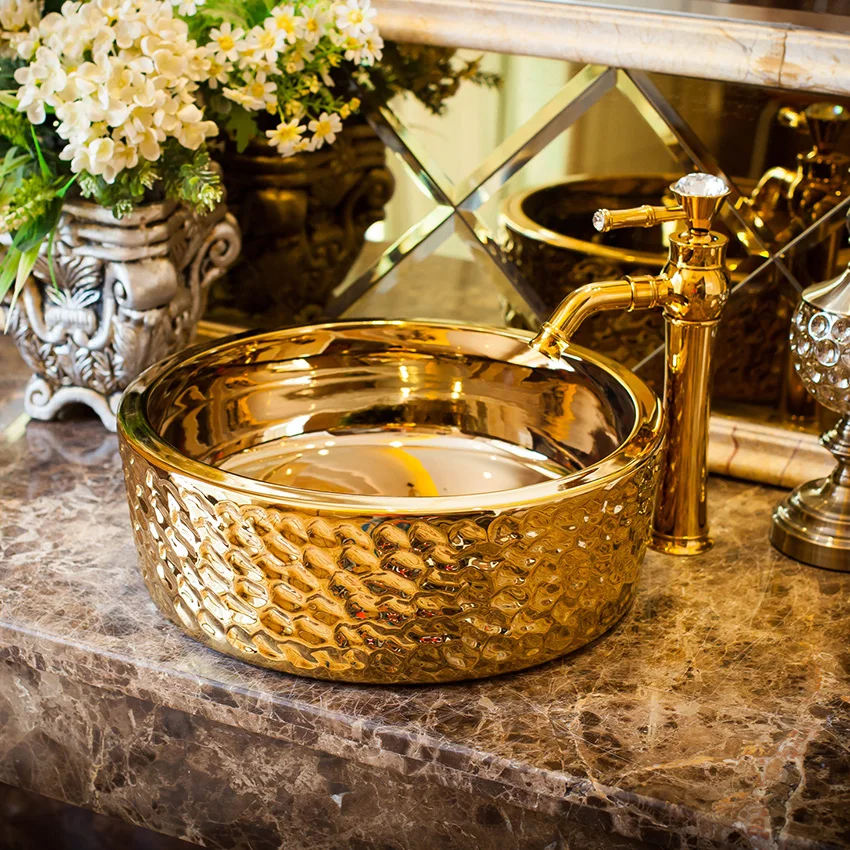 Gold Chinese Ceramic Colored Bathroom Basin Hand Wash Bowls Lavabo Sink ...
