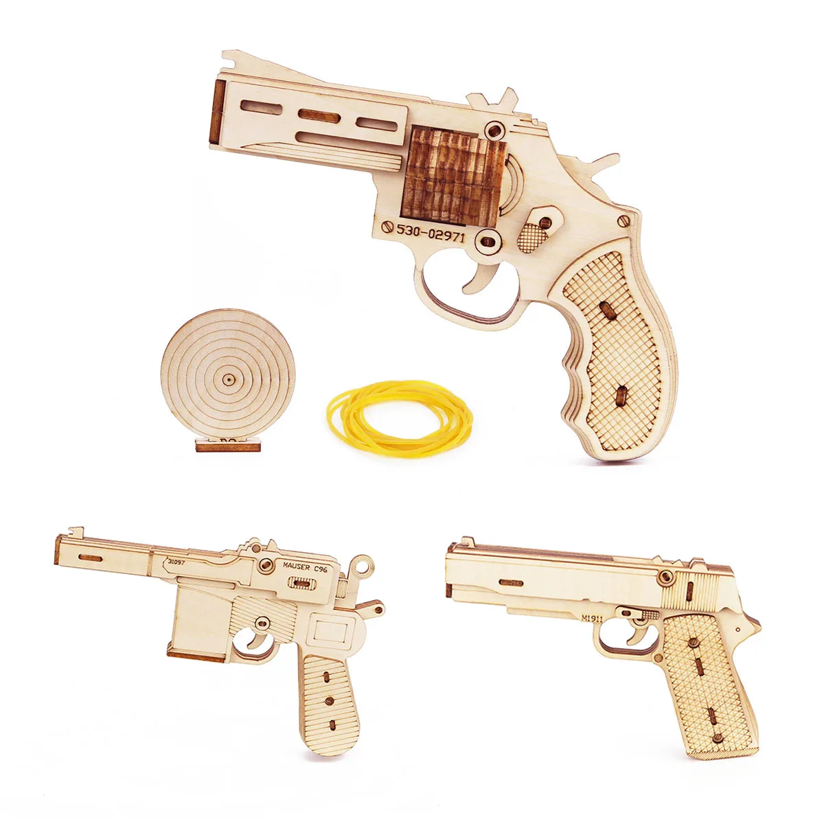3 Kinds Rubber Band Gun Toy Revolver M1911 C96 Assembly Model 3D Wooden ...