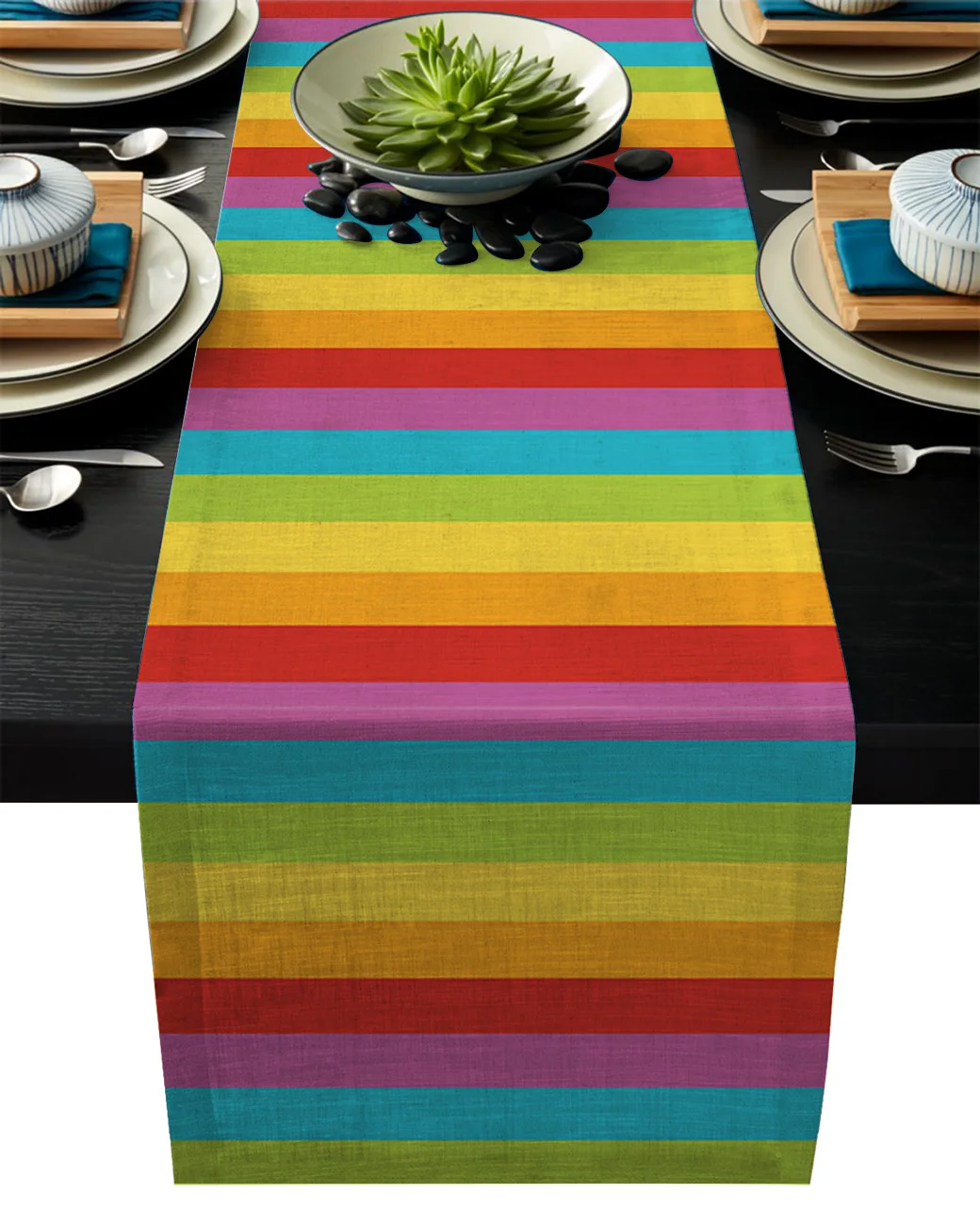 Linen-Burlap-Table-Runners-Mat-Geometric-Rainbow-Stripes-Kitchen ...