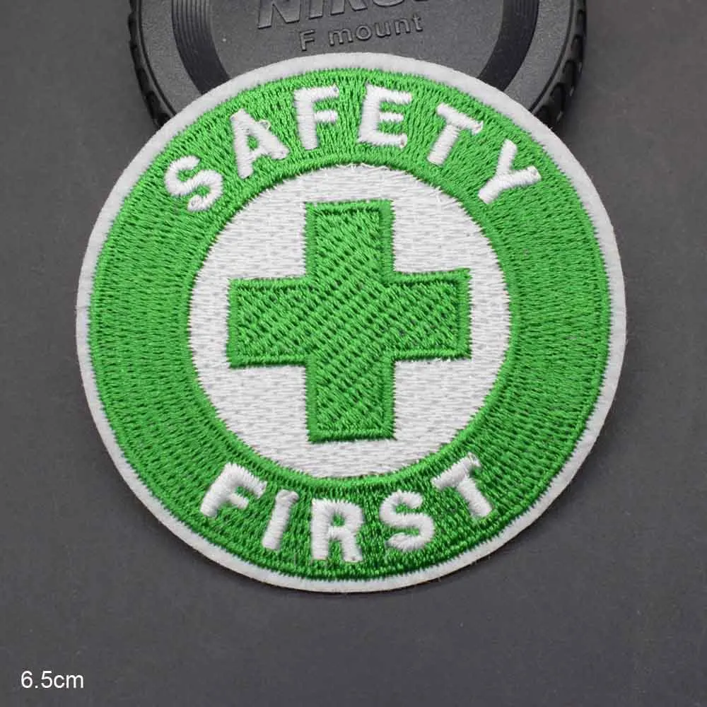 Round Green Safety First Words Iron On Embroidered Clothes Patches For ...