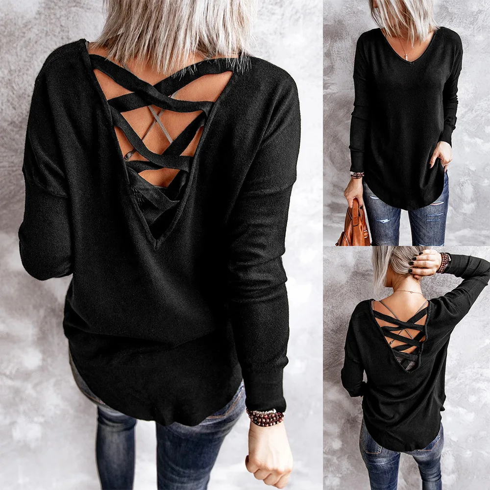 Sexy Backless Tops Women T shirts Casual V Neck Solid Cross Strap Slim ...