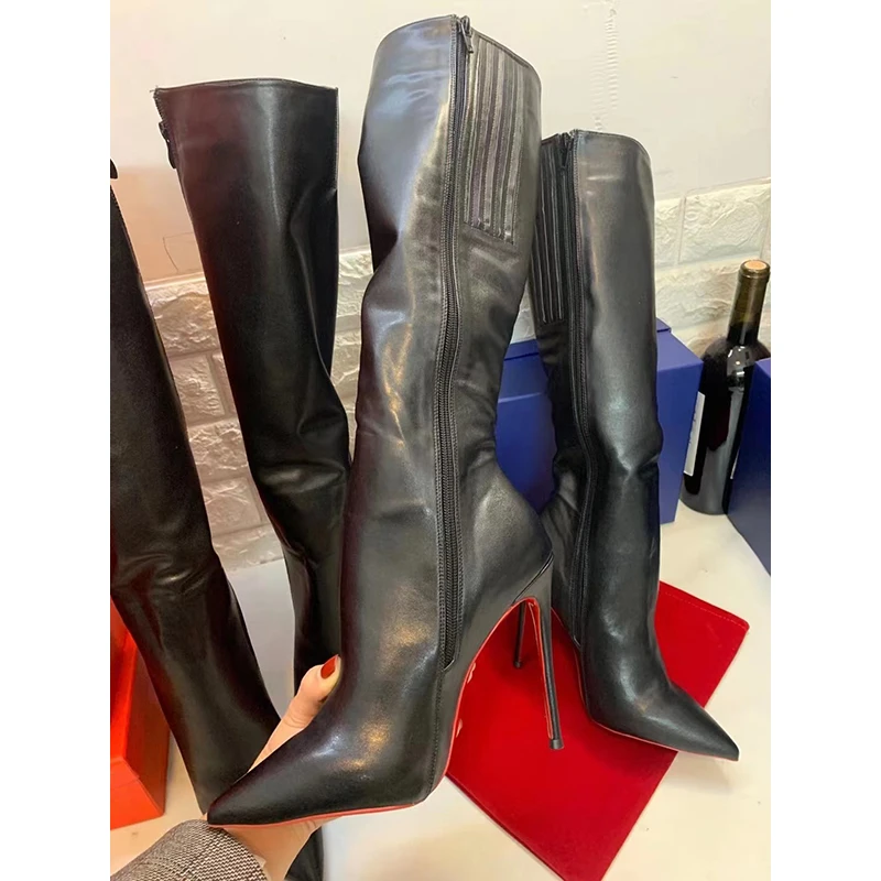 New Winter Pointy Toe Thin High Heels Long Knee Women Handmade Boots ...