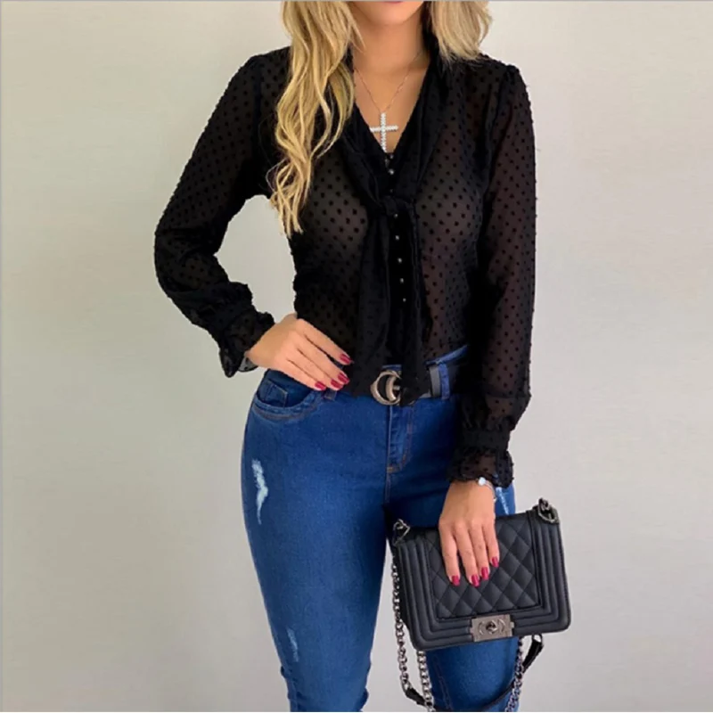 Meihuida Women Girls Sexy Translucent Ruffles Front Pearl Button V Neck ...