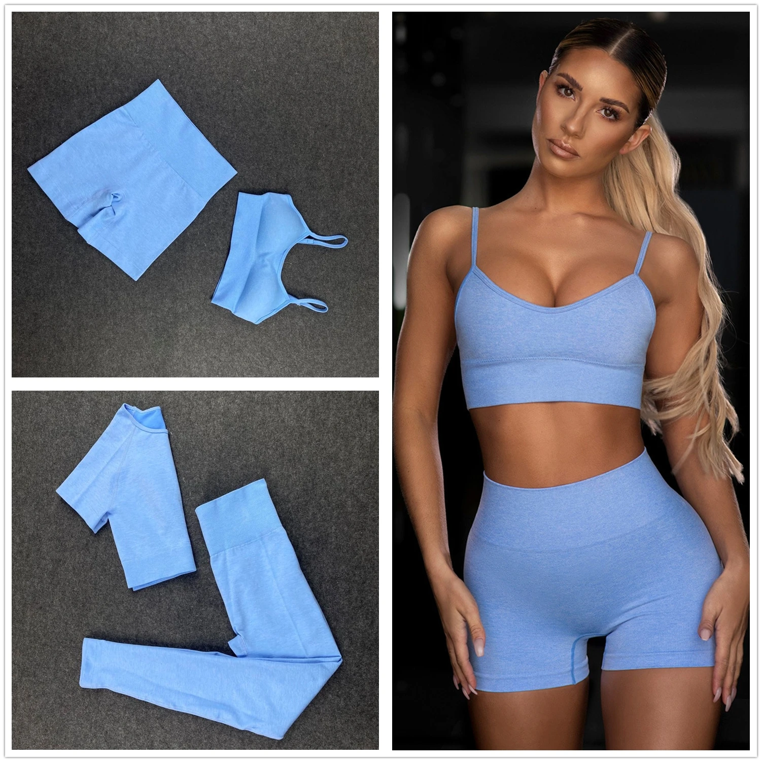 Seamless Women Yoga Set Workout Shirts Sport Pants Bra Gym Clothing Short Crop Top High Waist ...