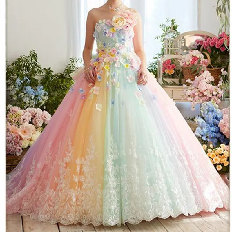 Pretty Colorful Rainbow Tutu Prom Dresses 3D Flower Lace Puffy Ball ...