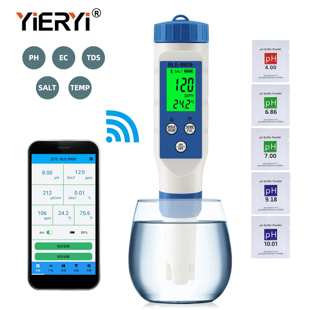 Yieryi Blue Tooth compatible Meter PH/TDS/EC/Salinity/TEMP Water ...