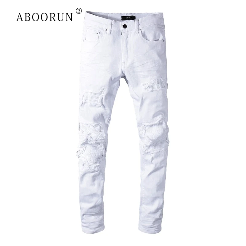 Aboorun Hi Street Mens White Ripped Jeans Skinny Pleated Biker Jeans