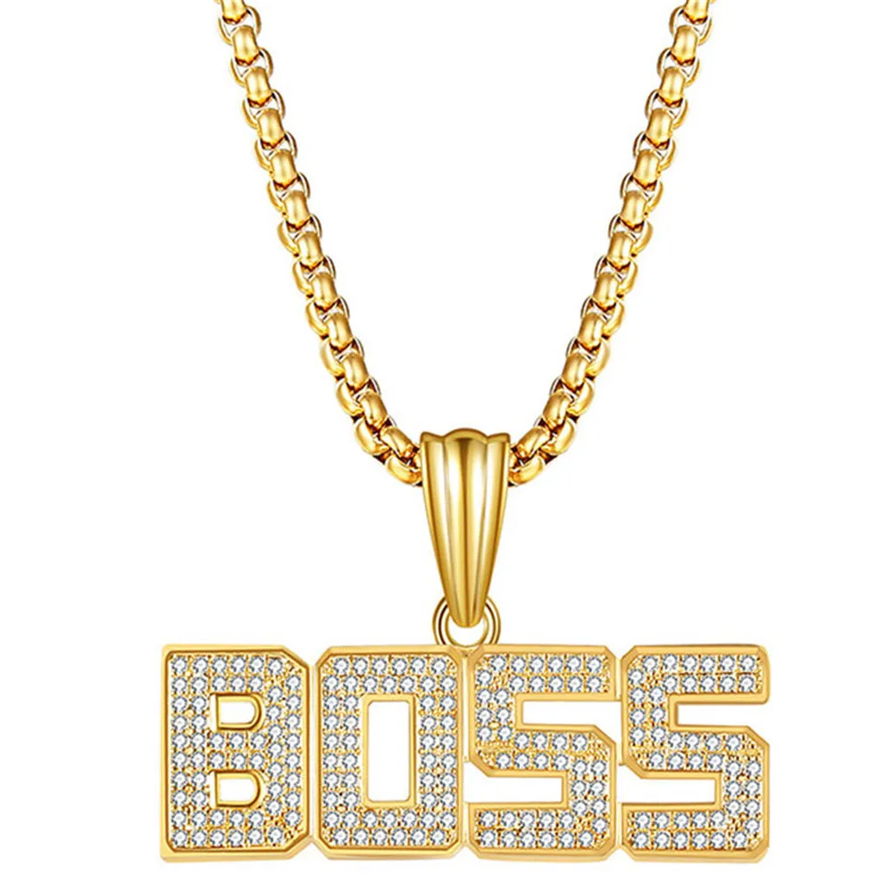 Punk Crystal Letter Boss Pendant Necklaces Gold Color Long Cuban Chain ...