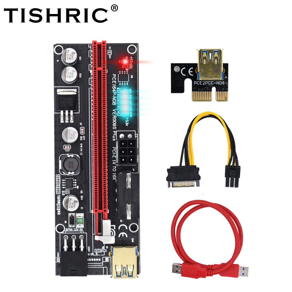 TISHRIC 6 LED Lights PCI E 16x Riser Card Graphics Card Extension Cable ...
