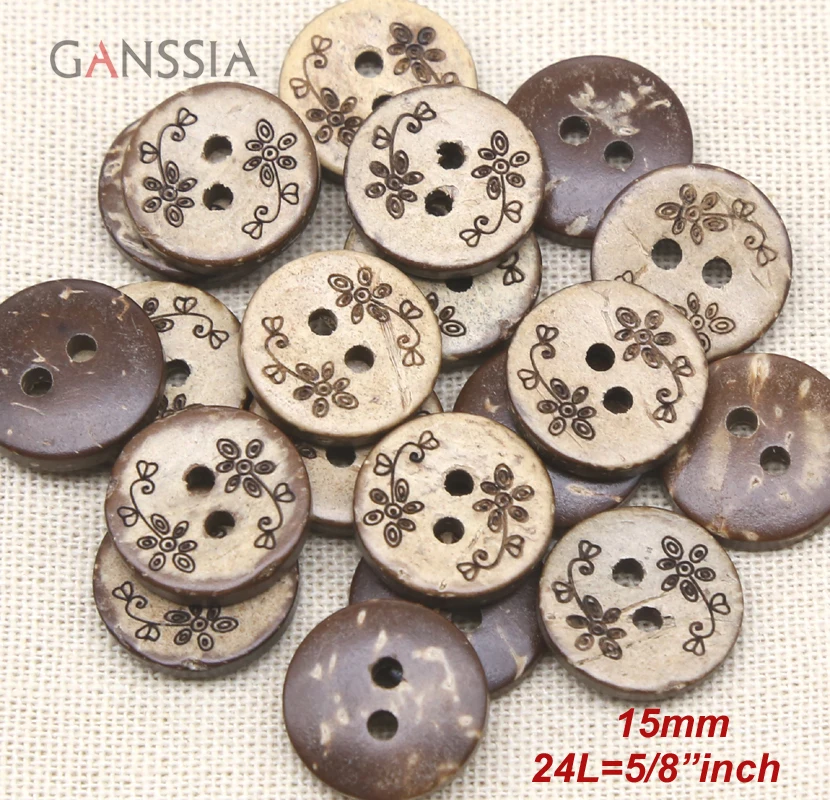 50pcs/lot Size:15mm Round Natural Coconut Buttons Flower Butto Vine ...