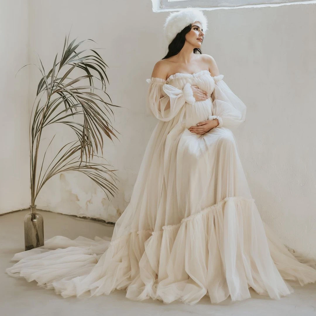 Pretty-Off-Shoulder-Tulle-Ruffles-A-line-Maternity-Dresses-Illusion ...
