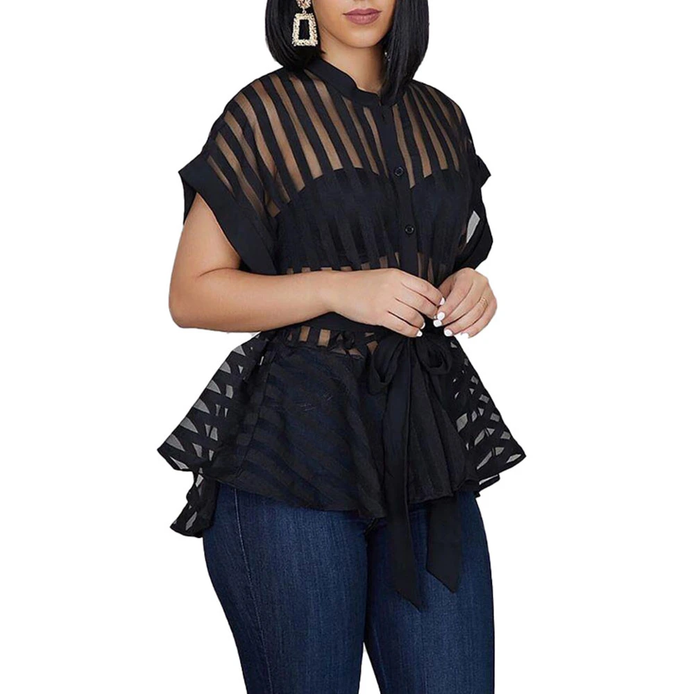 Women's Sexy Flared Tops Perspective Striped Tops Fashion Short Sleeve ...