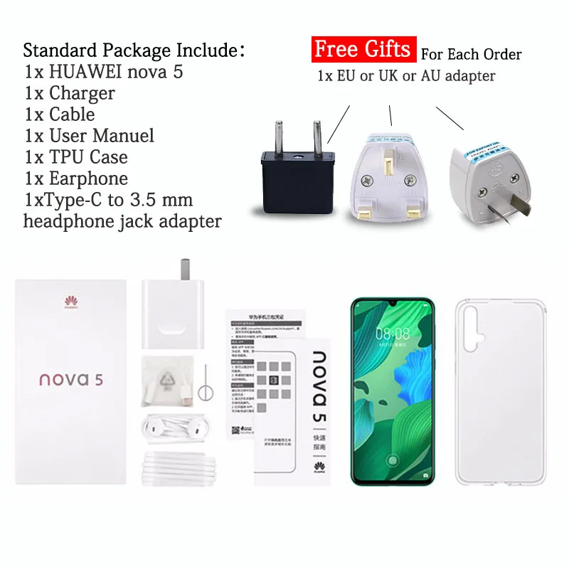 6,39 дюймов,, HuaWei Nova 5, мобильный телефон Kirin 810, четыре ядра, 8 ГБ, 128 ГБ, Android 9,0 ...