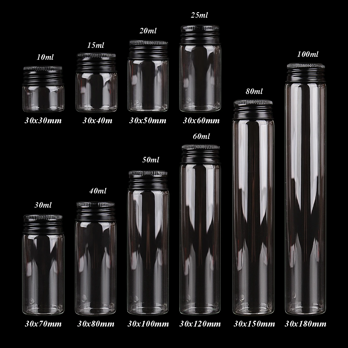 24pcs 10ml-100ml Glass Bottles With Black Aluminum Caps Spice Jar Glass ...