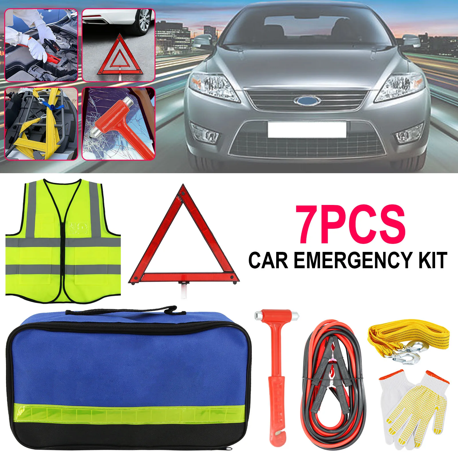 Car Emergency Roadside Assistance Kit Jumper Cable Tow Strap First Aid ...