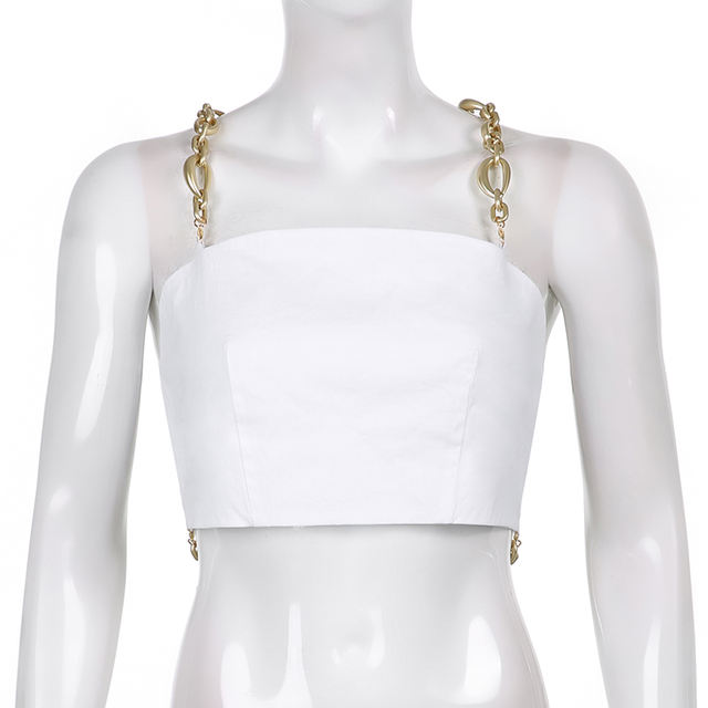 FREE SHIPPINGH White Crop Top Metal Chains Cross Backless JKP4562