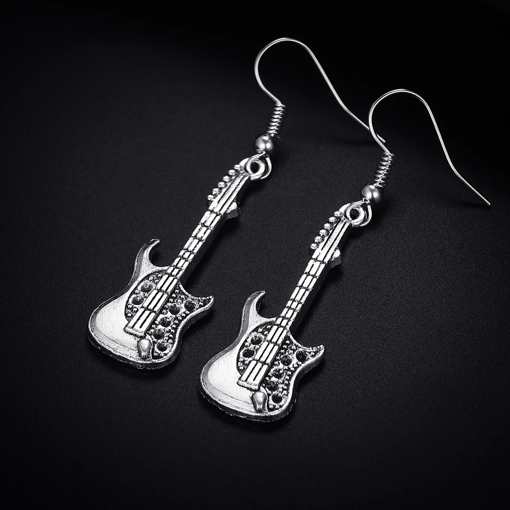 Trendy Vintage Guitar Shape Dangle Antique Silver Plated Earrings for ...