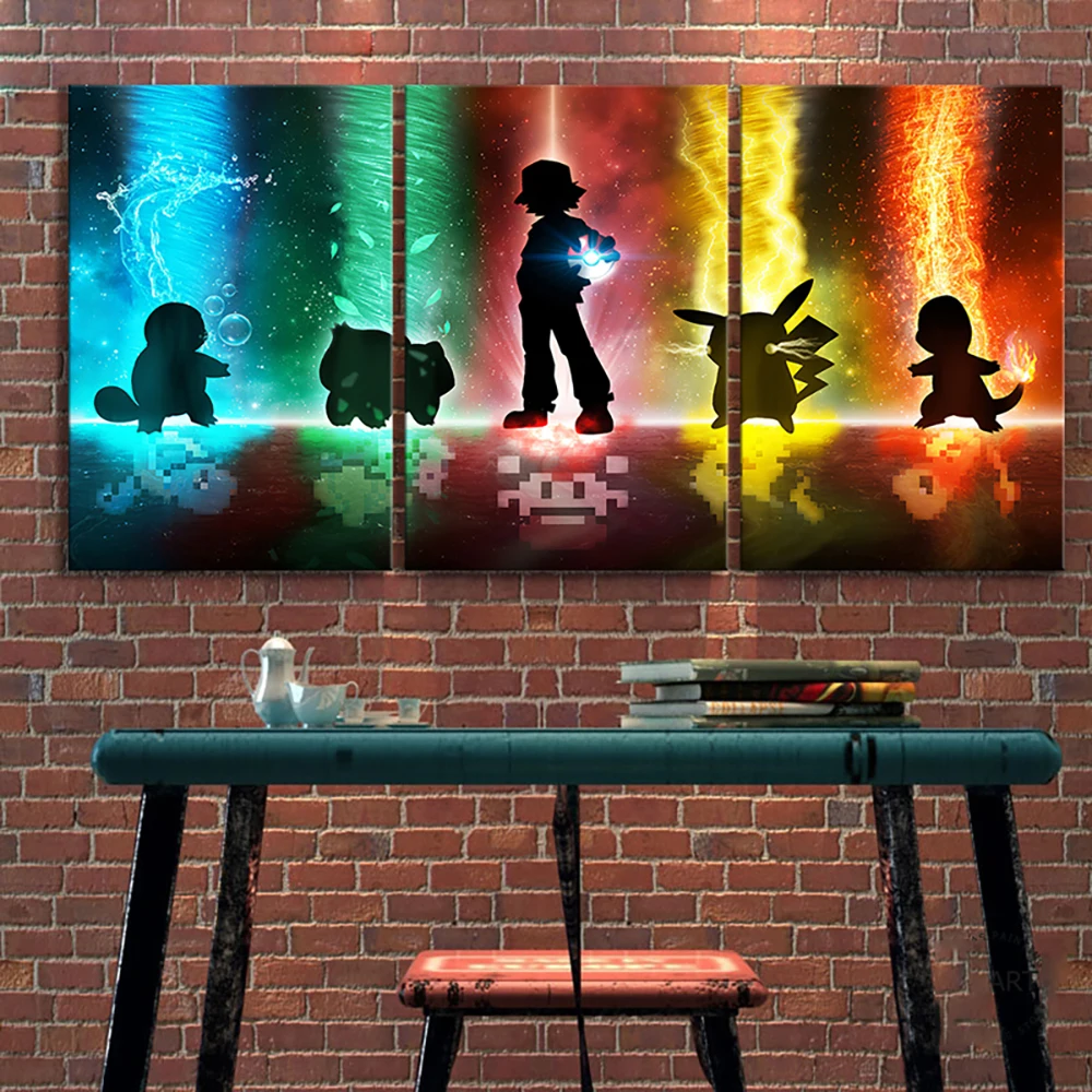 Pokemon Cartoons Painting Canvas 3 Panel Wall Artwork Poster ...