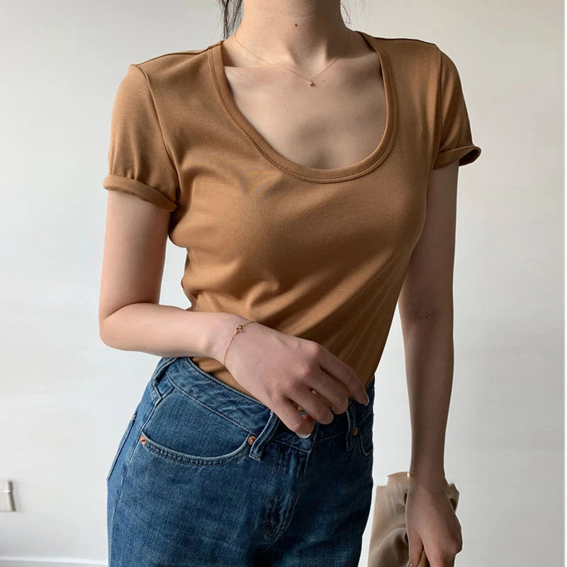 U Neck Slim Woman T shirts 100% Cotton Classic Basic T Shirt Solid Color Short Sleeve 2020 ...