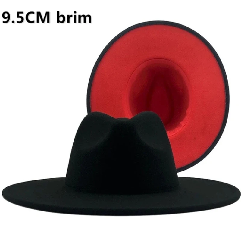 9-5CM-black-red-big-brim-fedora-hat-women-stitching-wide-brim-woolen ...