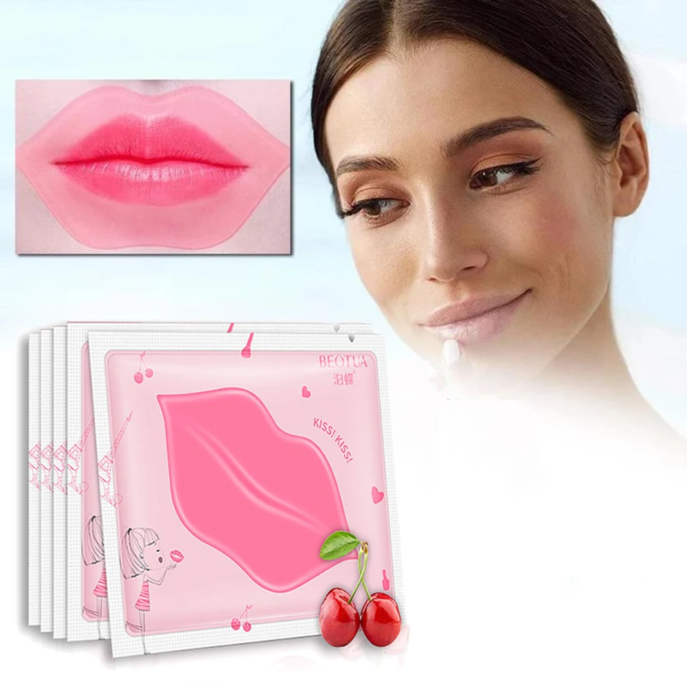 핑크 크리스탈 립 플럼 퍼 체리 에센스 립 샤이니 뷰티 마스크 패치 모이스춰 라이징 링클 브라이트 화장품 페이셜 팩 10pcs