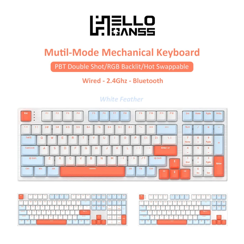 HELLO GANSS White Feather Mutil Mode RGB Backlit Mechanical Keyboard ...