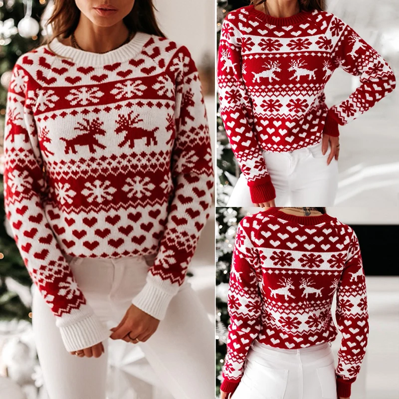 Veado-de-Natal-feminino-malha-camisola-manga-longa-jumper-com-gola ...