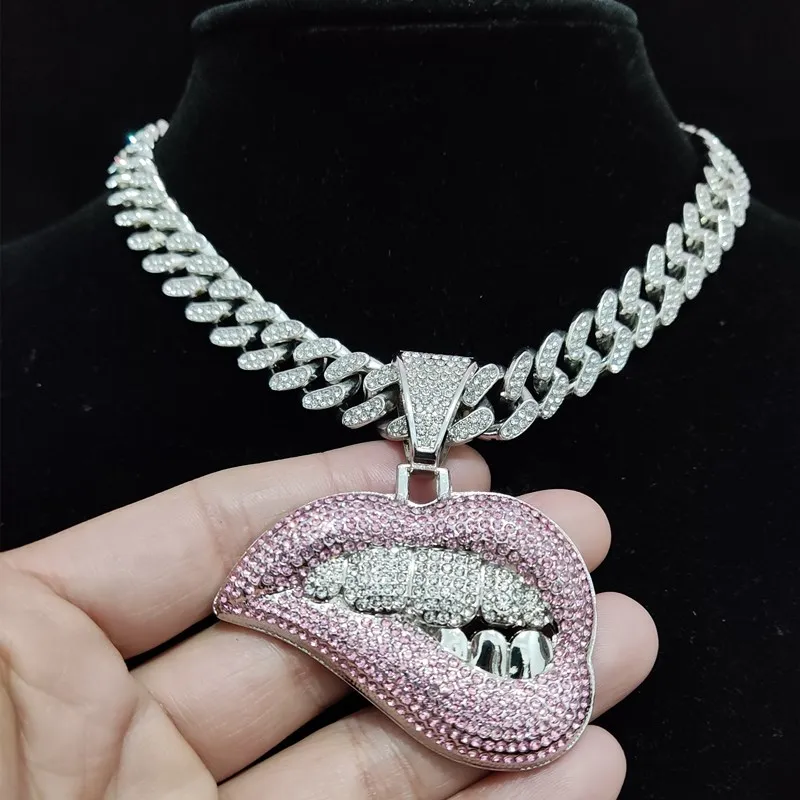 Men-Women-Hip-Hop-Bite-Lip-Shape-Pendant-Necklace-Crystal-Cuban-Chain ...