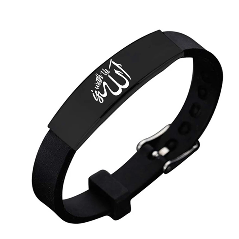 Muslim-Allah-Shahada-Silicone-Wristband-Bangle-Black-Stainless-Steel ...