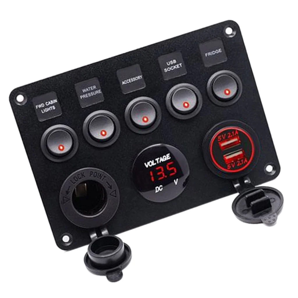 5 Gang Rocker Switch Panel W/ Digital Voltmeter+12V Power Socket ...