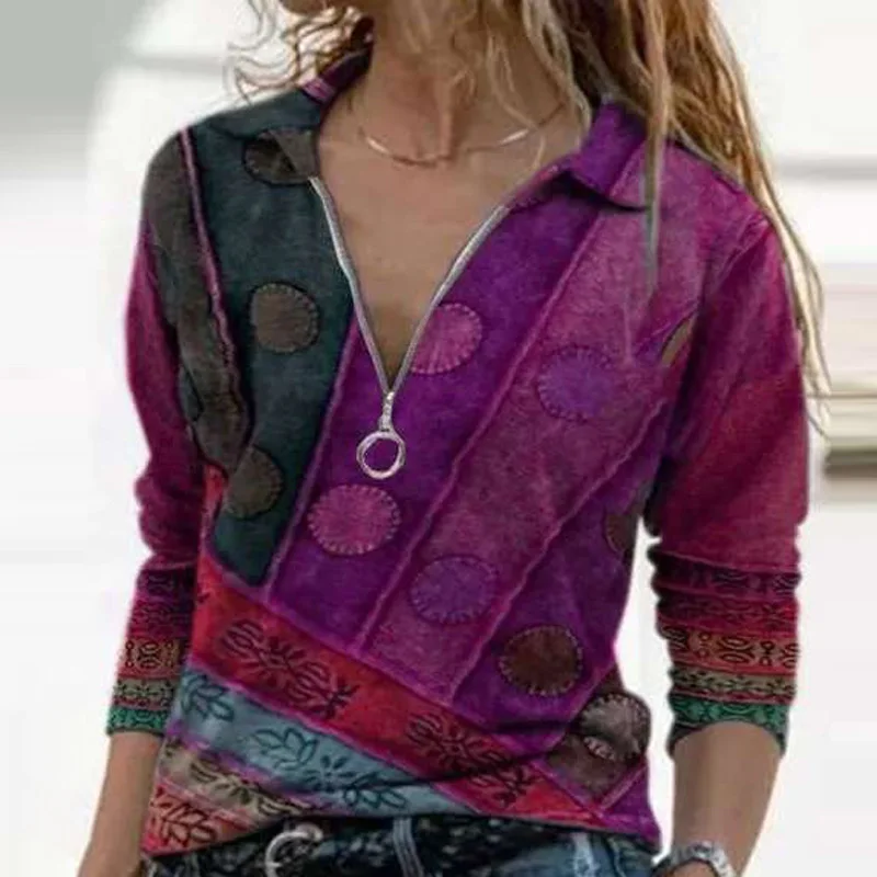 Zipper-V-Neck-Women-s-Spring-Elegant-Long-Sleeved-Pullover-Shirt-Casual ...