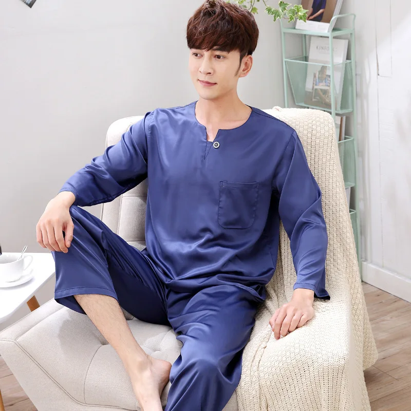2020 Men’s Stain Silk Pajama Set Men Pajamas Silk Sleepwear Men Sexy ...