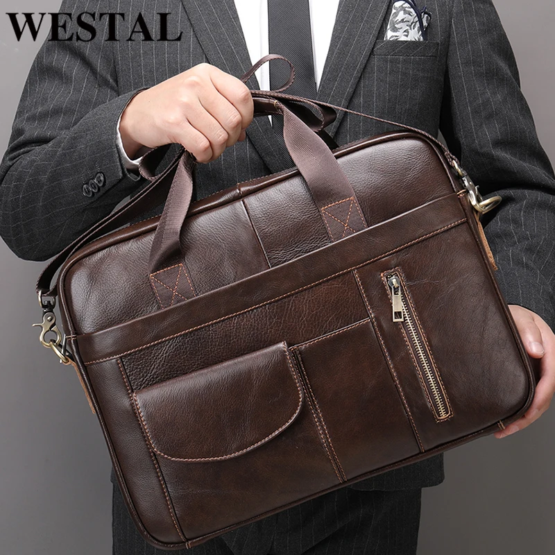 WESTAL Men's Leather Bags Men Leather Laptop Bag for Document Briefcase ...