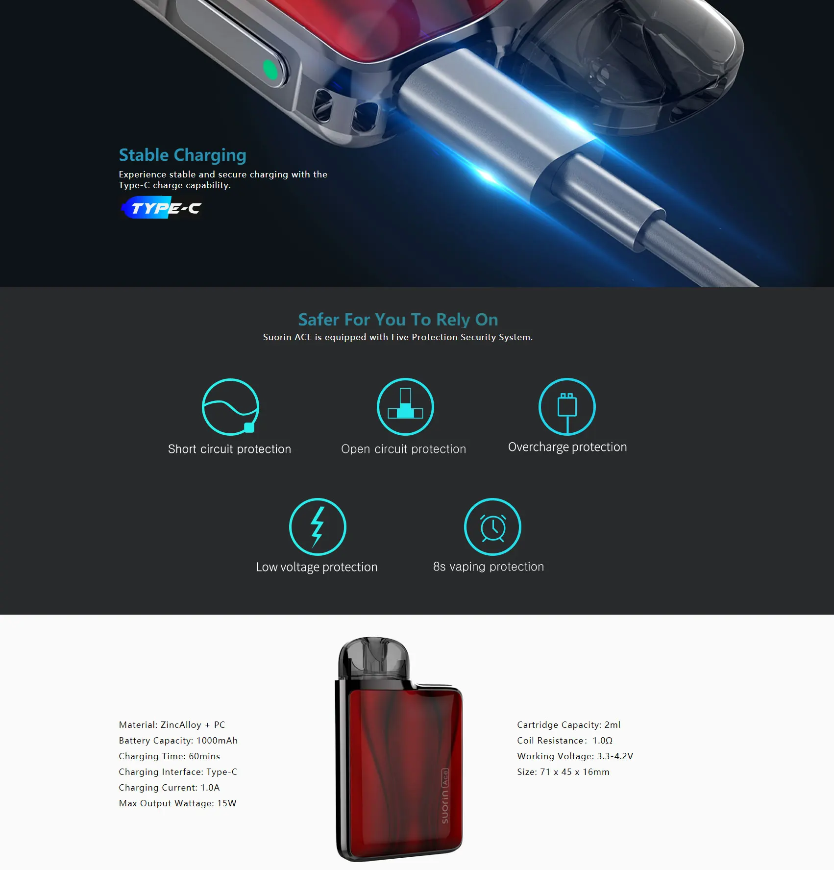 Original Suorin ACE Pod Kit 1000mAh Battery 15W Vape 2ml ACE Pod ...