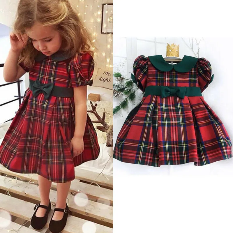 Pudcoco Navidad niño niños Peter Pan cuello arco Plaid vestido moda ...