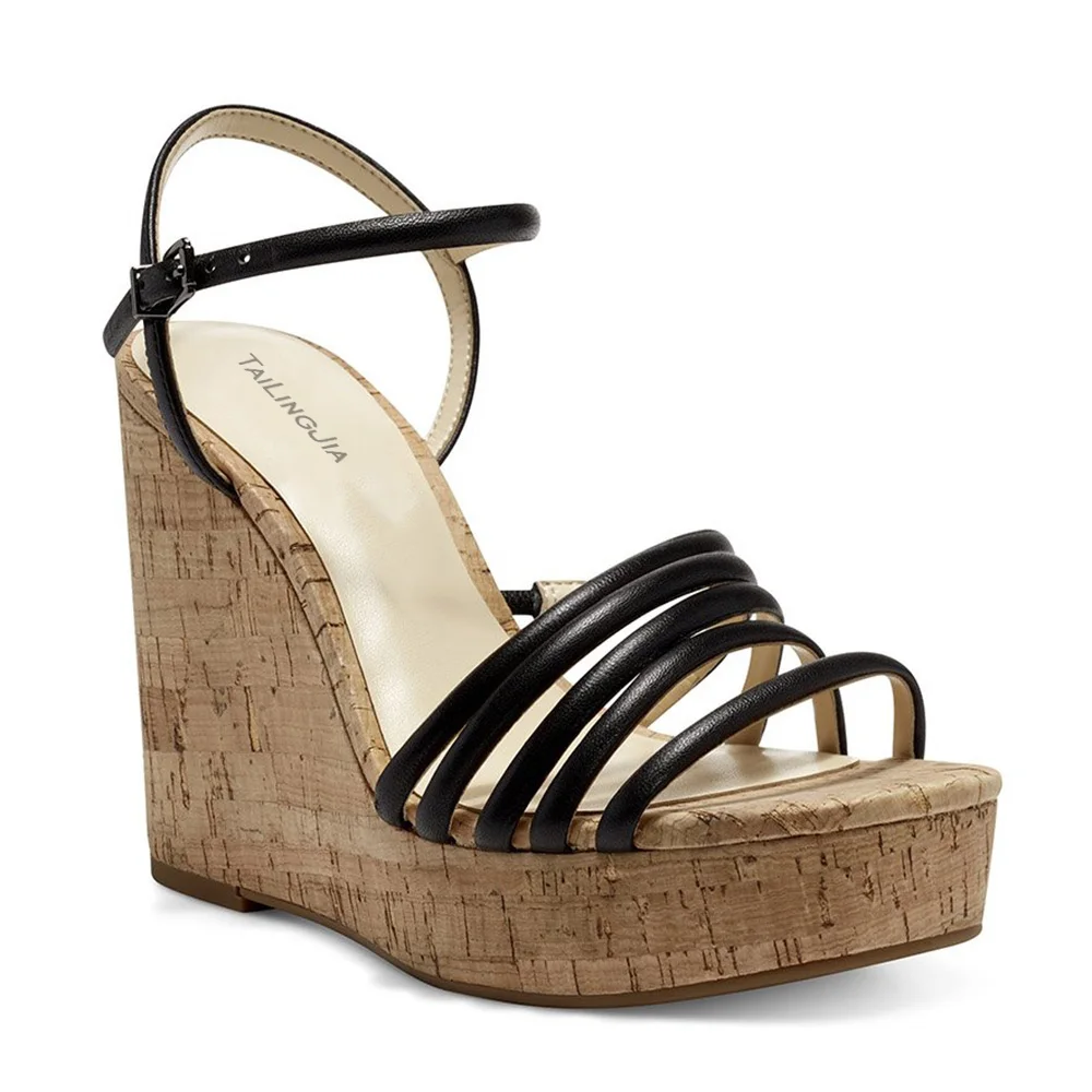Black Strappy Cork Wedges