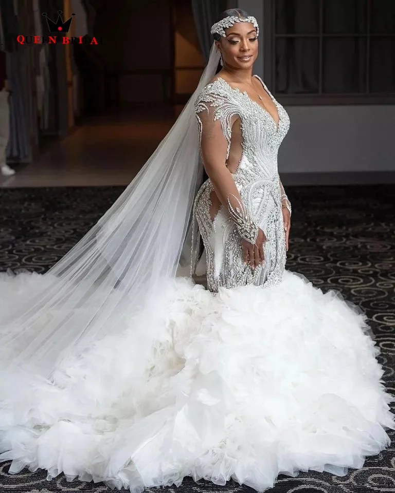 White Mermaid Wedding Dresses With Diamonds