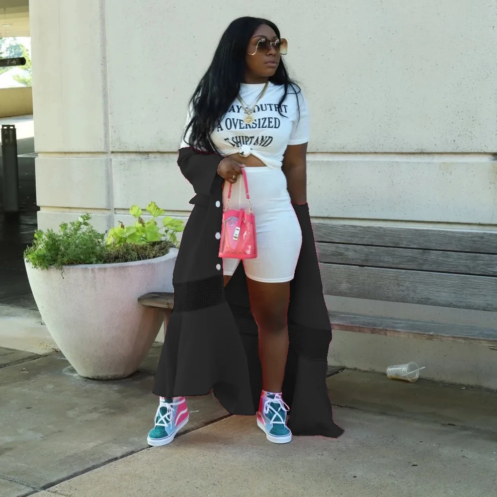 Casual Women Long Coat Sheer Mesh Patchwork Solid Color Long Jacket ...