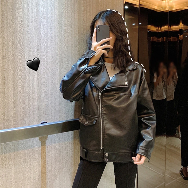 Корейская женская куртка из искусственной кожи, кожаная байкерская ...