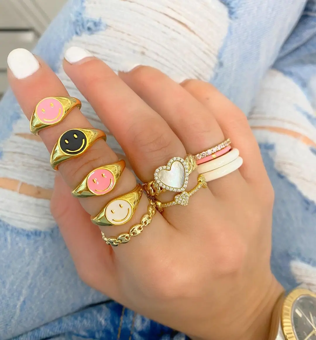 2022 Dainty 18K Gold Plated Rainbow Neon Enamel Smile Face Smiley Open ...
