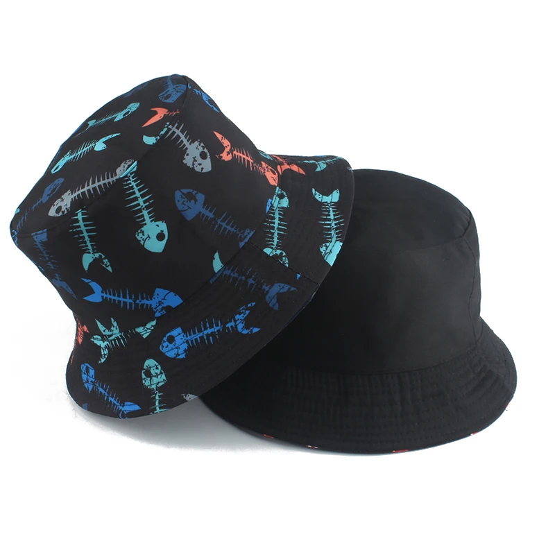 Fish-Bone-Print-Reversible-Bucket-Hat-Panama-Bob-Hip-Hop-Cap-Women-Men ...