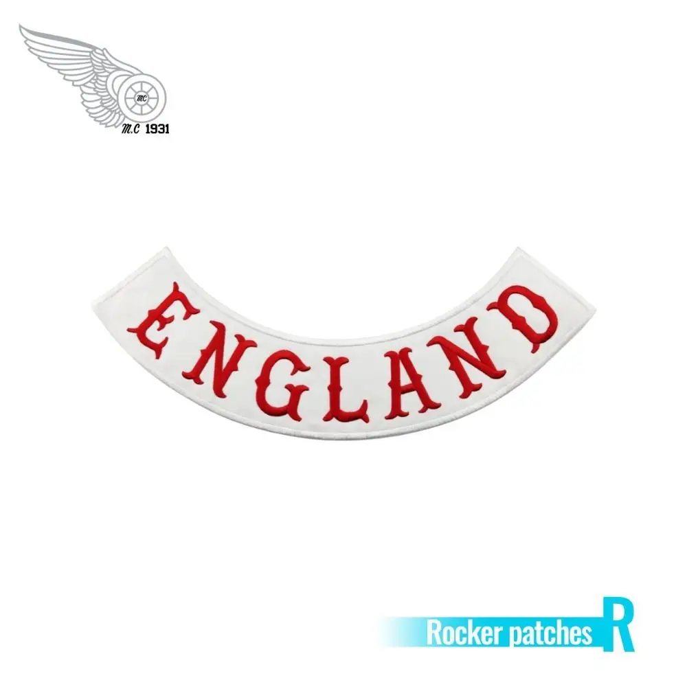 Red England Rocker Patches Customized Design White twill fabric ...