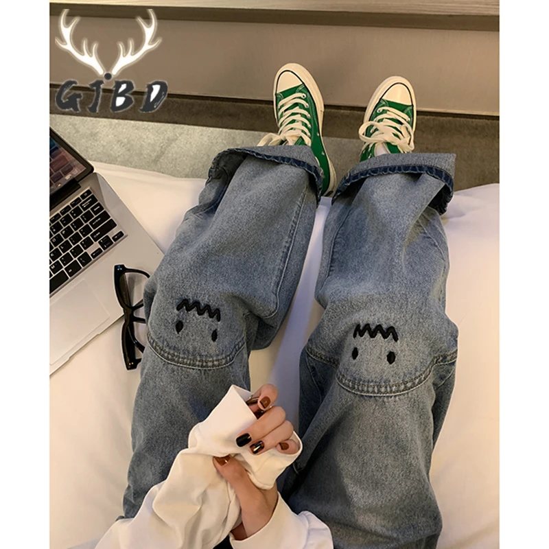 빈티지 캐주얼 와이드 레그 데님 바지 플러스 사이즈 여성용 하이 웨이스트 스트레이트 배기 패션 팬츠 스트리트웨어 하라주쿠
